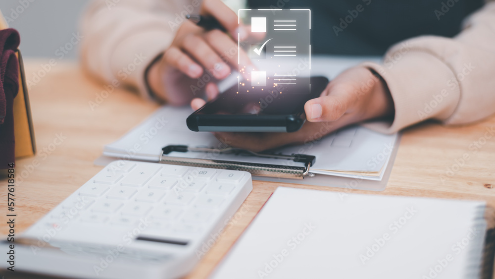 Businessman showing virtual icons, assessment checkboxes ,data analysis ...