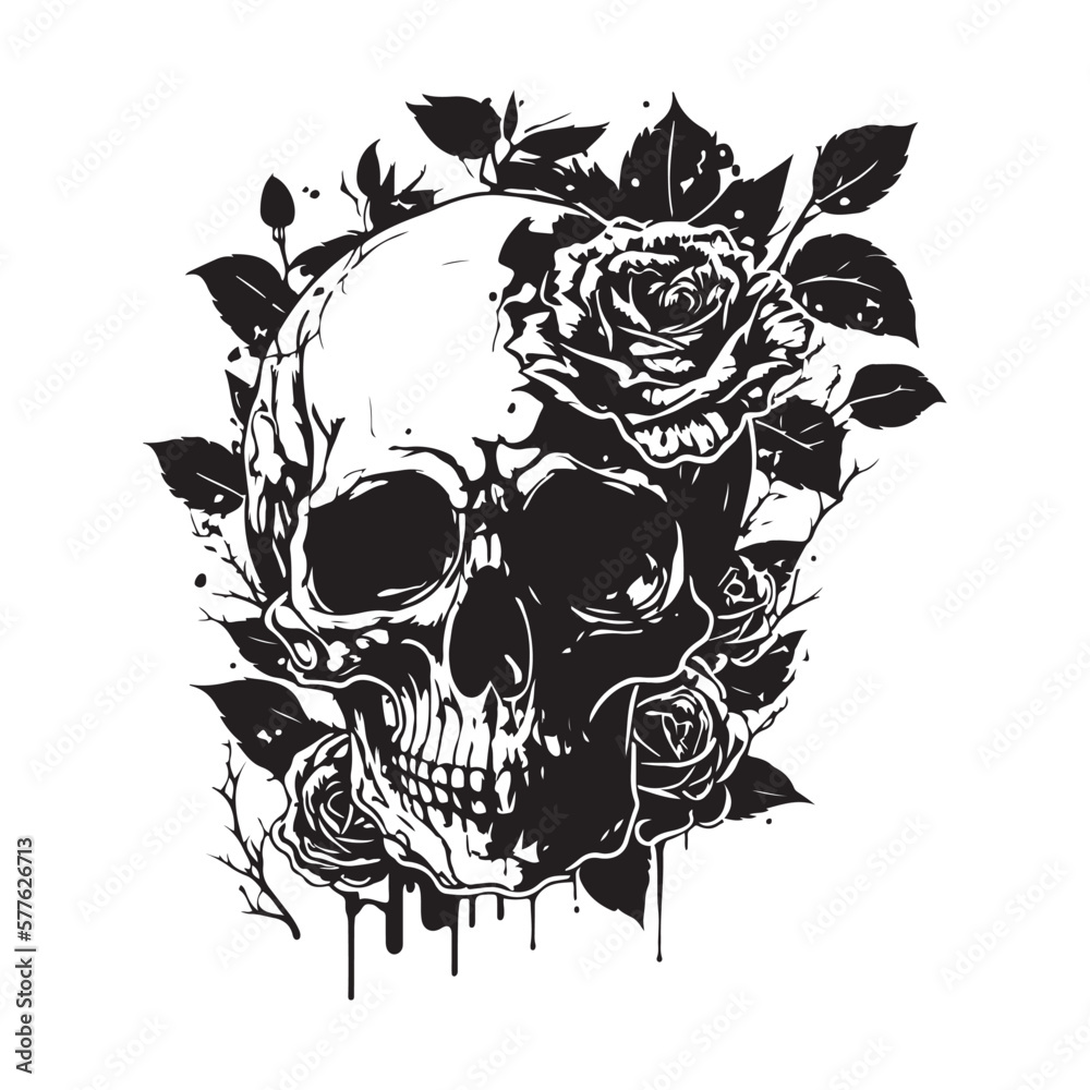 Skull With Rose Flower Black Outline Vector. Human skull with rose ...