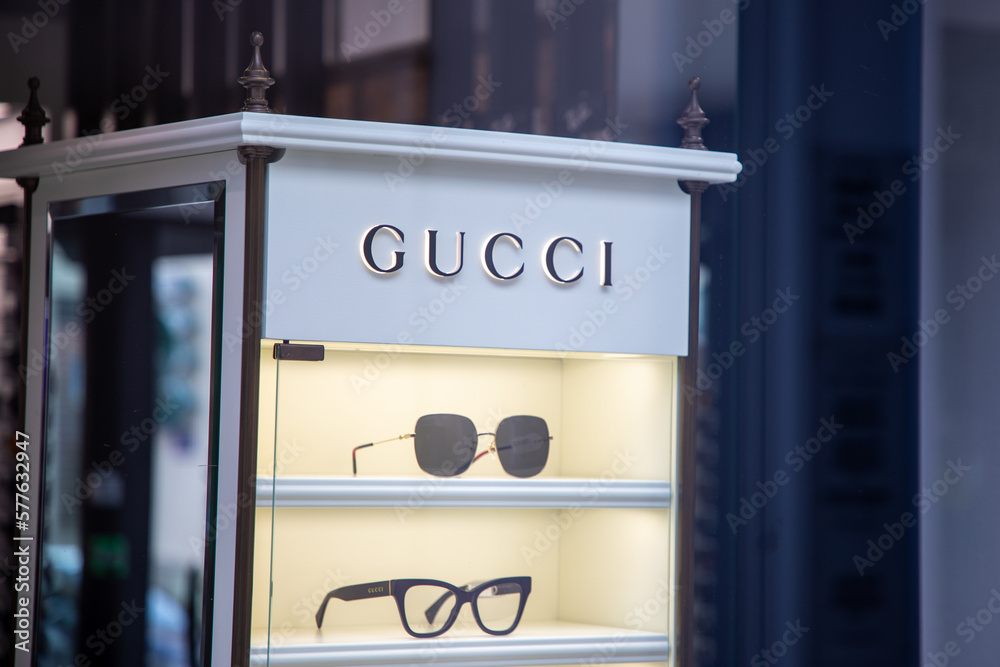 Gucci signage facade store eyeglasses entrance logo brand and text sign ...