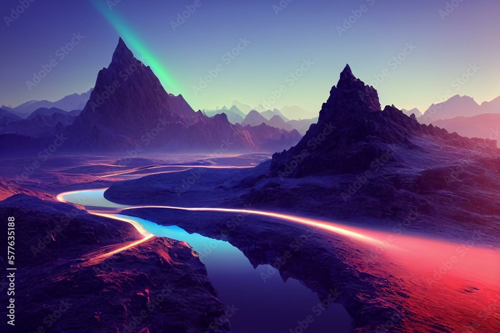 A computer generated image of a mountain range with a stream of light ...