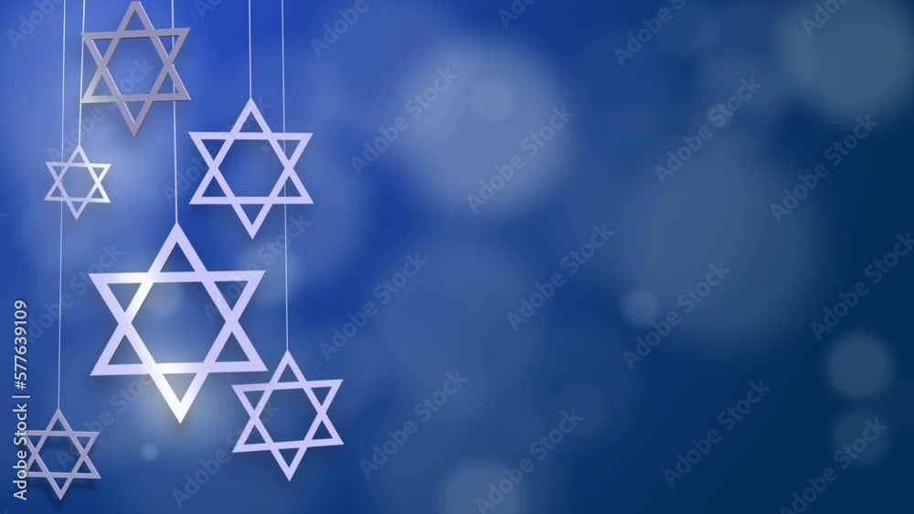 White Jewish Stars of David spin on thin threads. Blue abstract ...