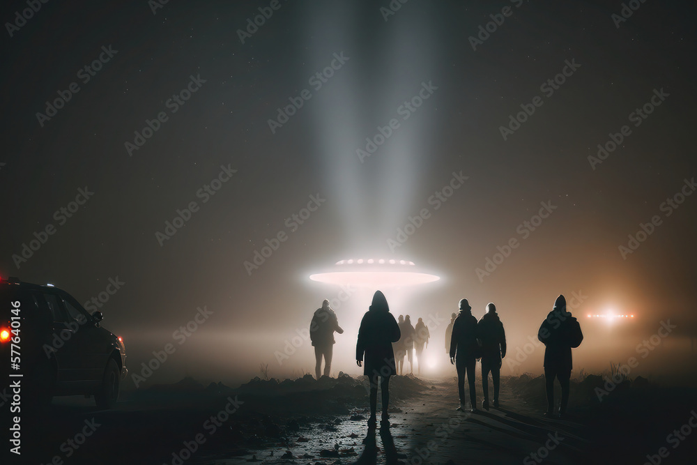 As a thick fog envelops the landscape, a group of people gathers in ...