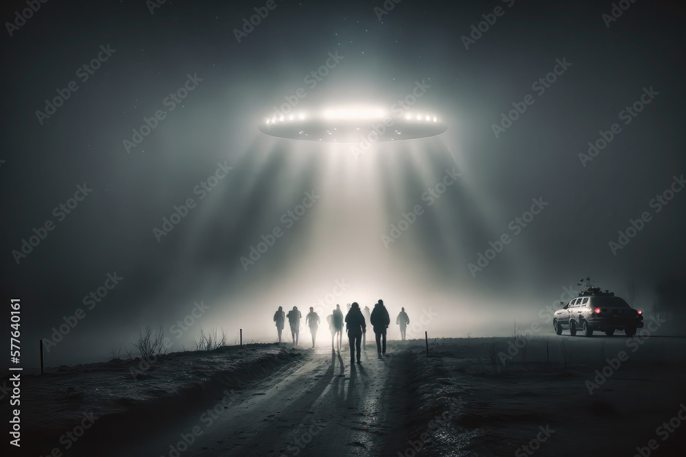 A mesmerized group of individuals stares up at the night sky ...