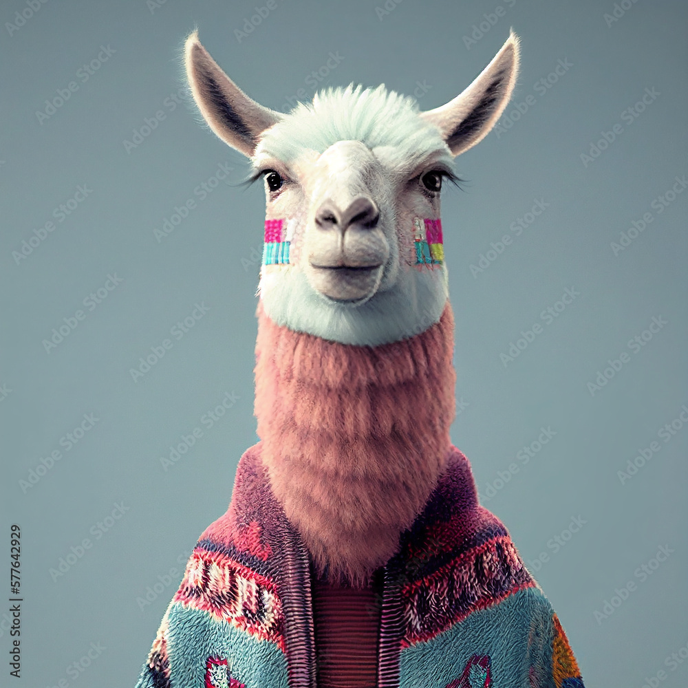 Realistic lifelike llama lama in retro vintage pastel colourful, mod ...