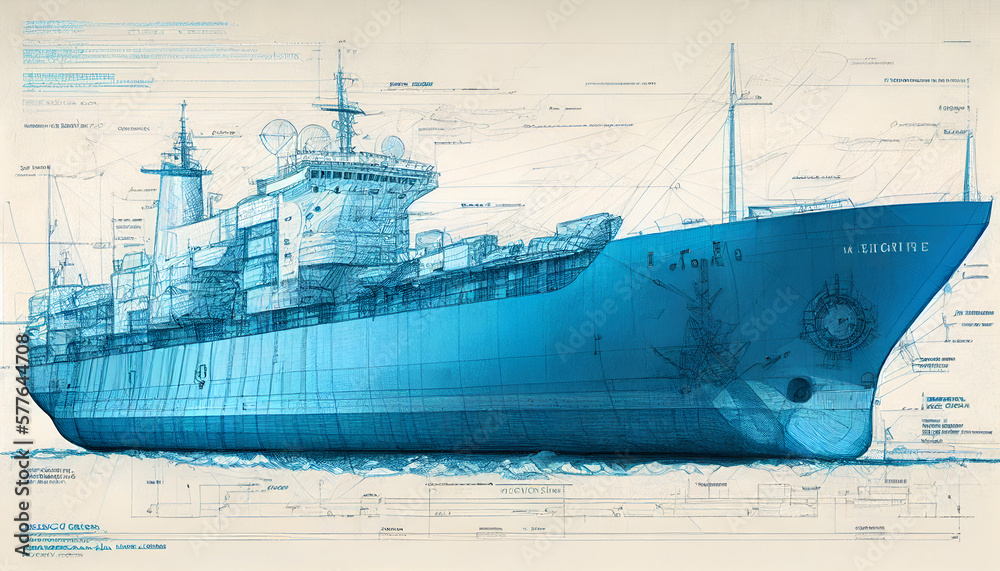 blue print ,sketch style,for cargo ship, high quality, clear features ...