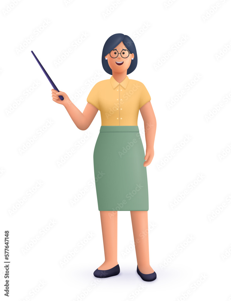 Smiling teacher showing something using pointer. Studying, education ...