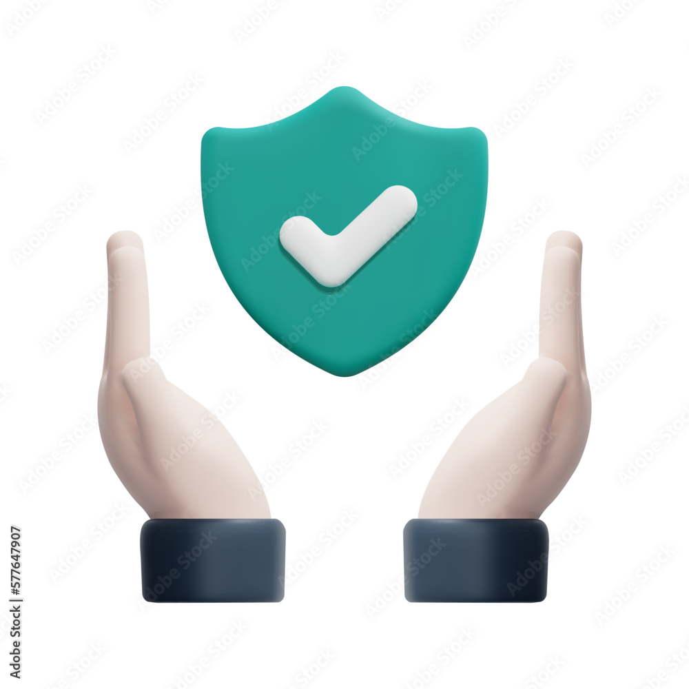 3d hands, check mark and shield icon vector. Isolated on white ...