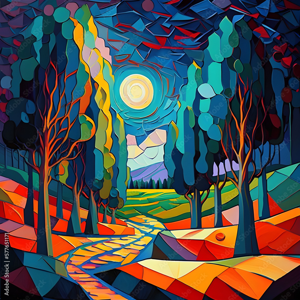 Starry Night Cubed, Van Gogh's style, landscape neo cubism art ...