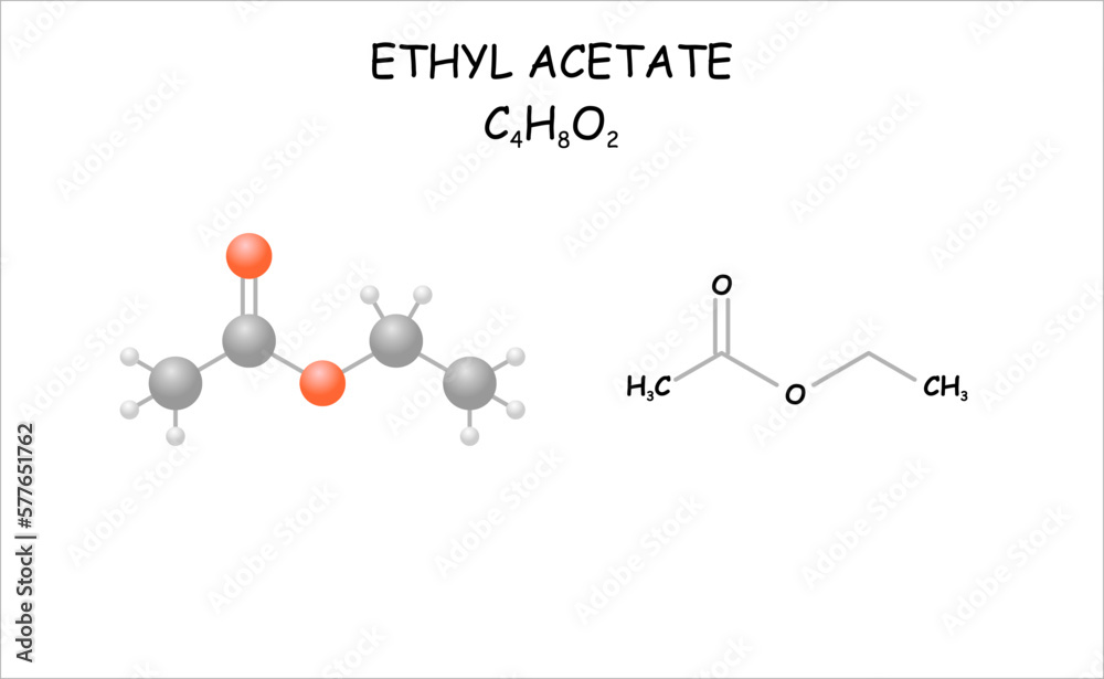 Stylized molecule model/structural formula of ethyl acetate. Use as ...