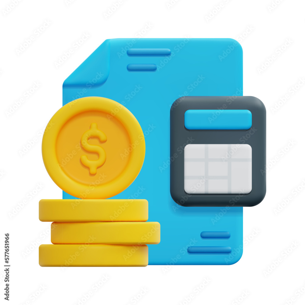 3d financial report, money coins and calculator icon vector. Isolated ...