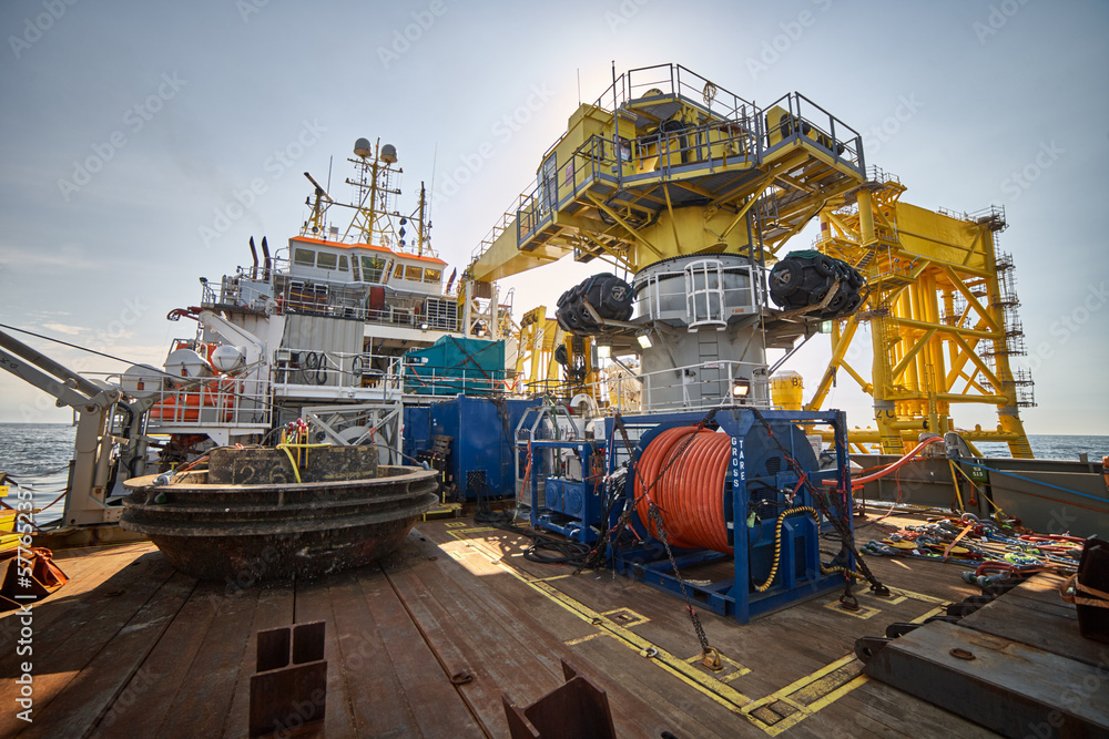 View of divers support and construction vessel's deck in the process of ...