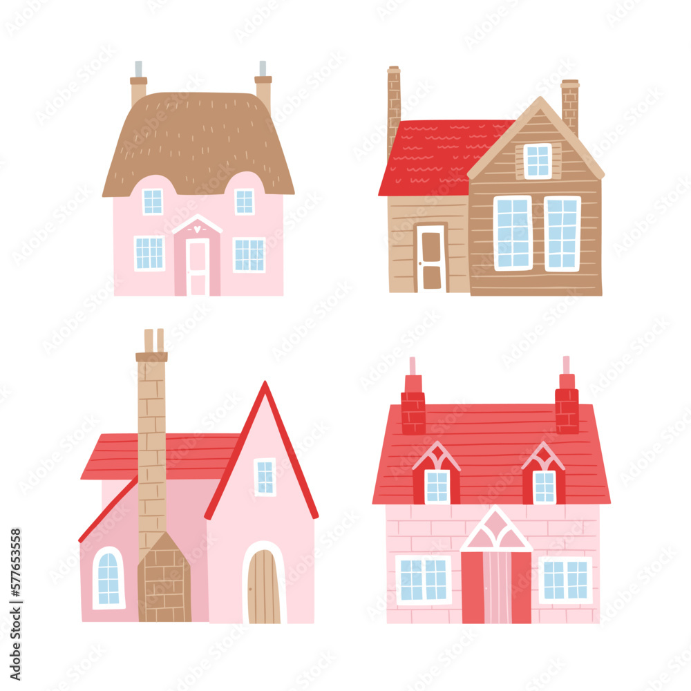 Cottage vector set. Cute house hand drawn clipart. Village illustration ...