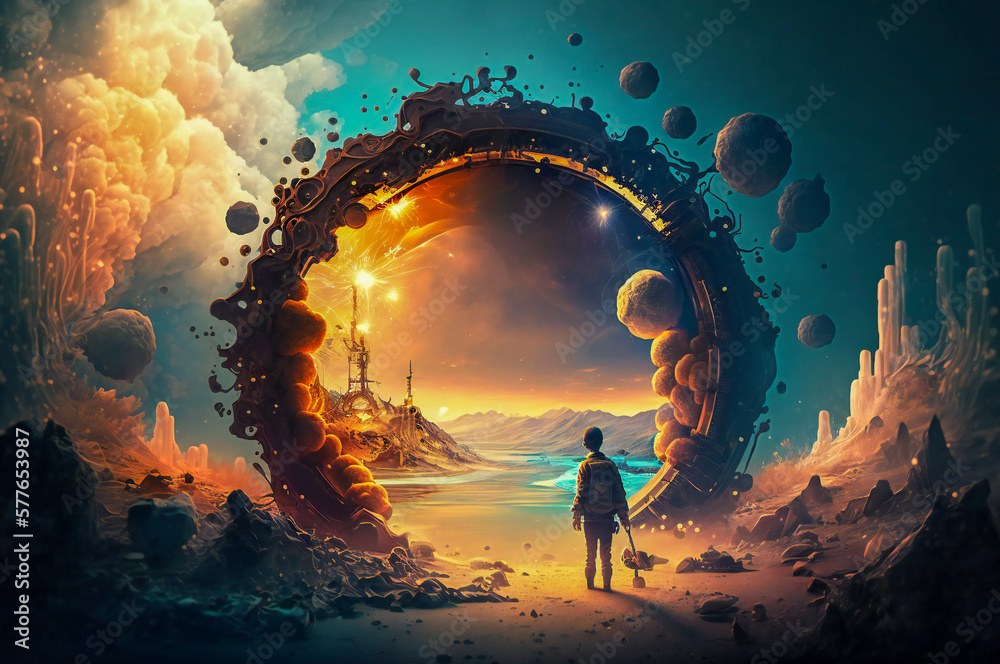 Surreal illustration of a person in front of a portal to another world ...