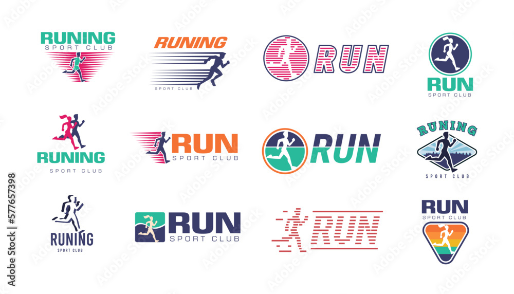 Marathon logo. Sport run club. Athlete runners on logotype. Exercise ...