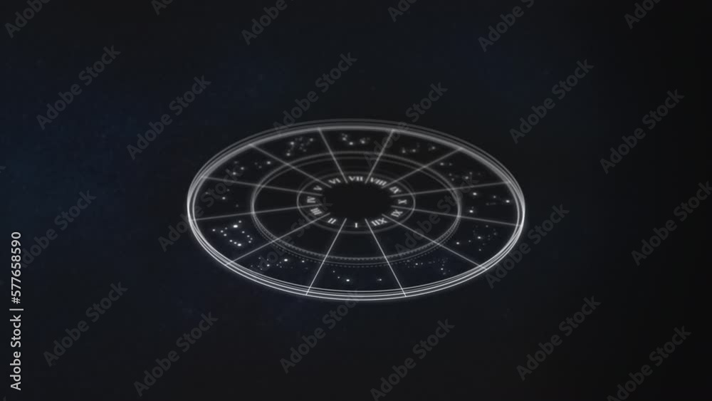 Rotating Zodiac Sign circle with astrological signs against black stars ...