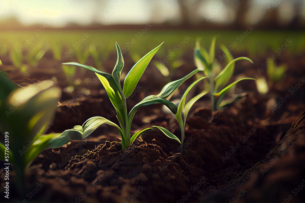 In a farmed farm area, young, green corn seedling sprouts are growing ... In a farmed farm area, young, green corn seedling sprouts are growing ...