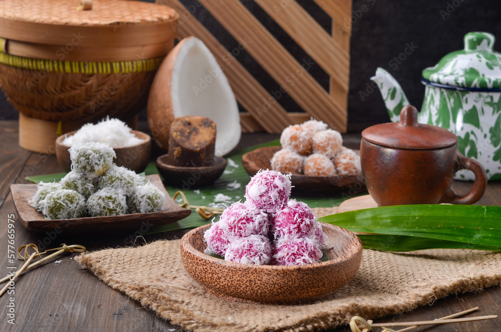 Klepon or kelepon, is a snack of sweet rice cake balls filled with ...