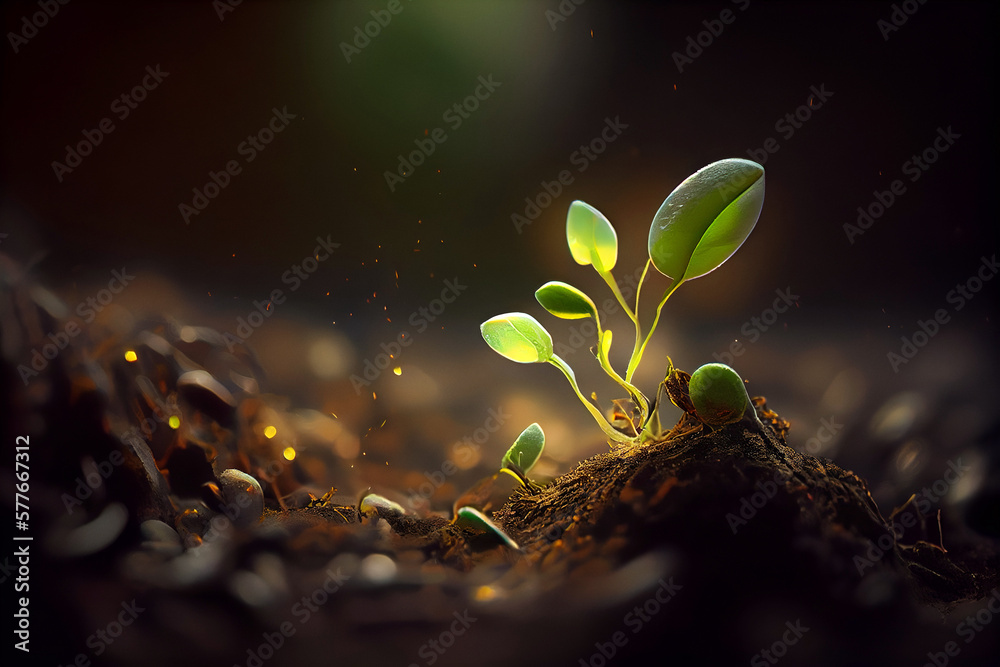 New green plant sprout coming out of a seed at night. Created with ...