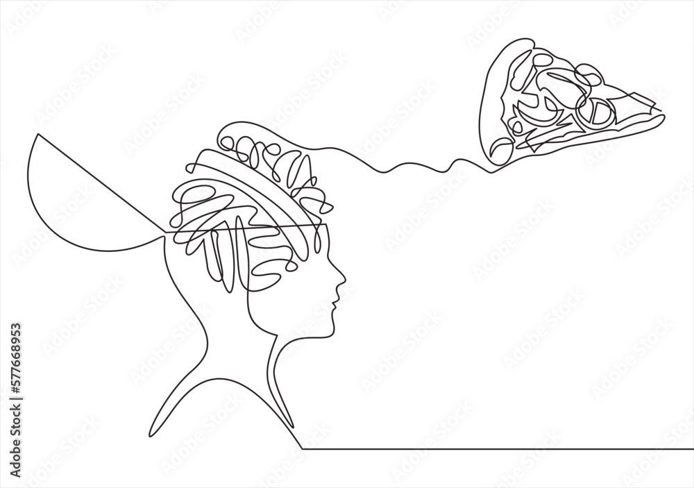 continuous stylized modern drawing of a human head and brain thinking ...