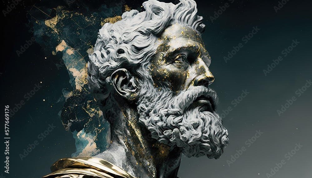 Statue stoïcienne en marbre sculpté aux accents dorés. Personne grecque ...