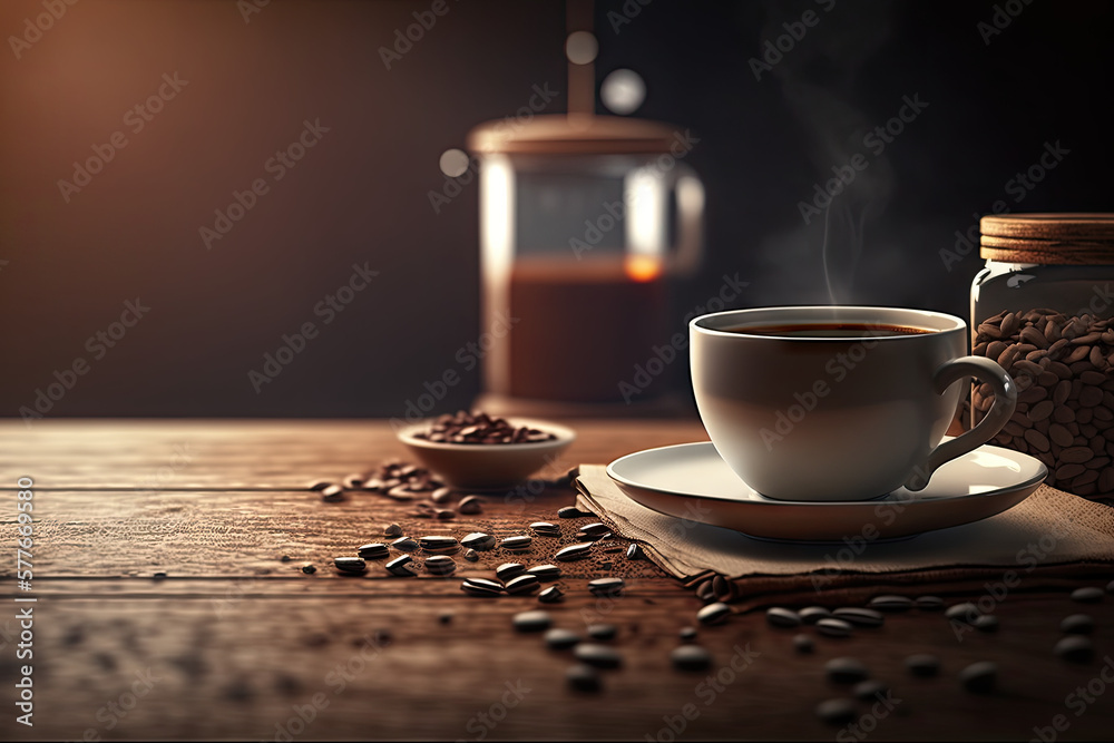 Coffee Background Coffee Cup Coffee Beans on Table with empty copy ...