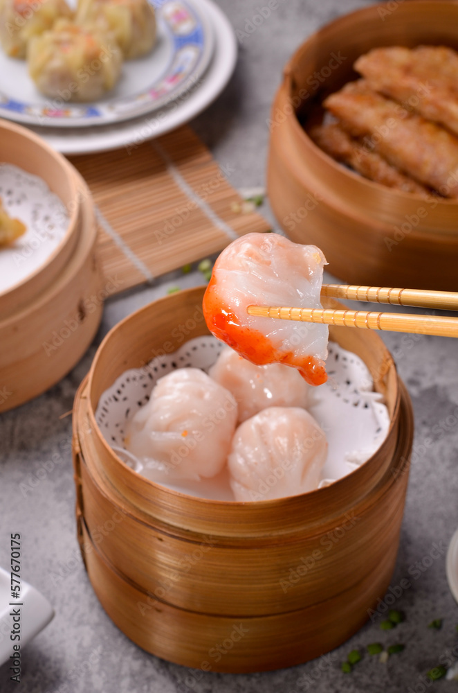 Traditional Asian Prawn or shrimp dumplings hakau, ha kauw or har gow ...