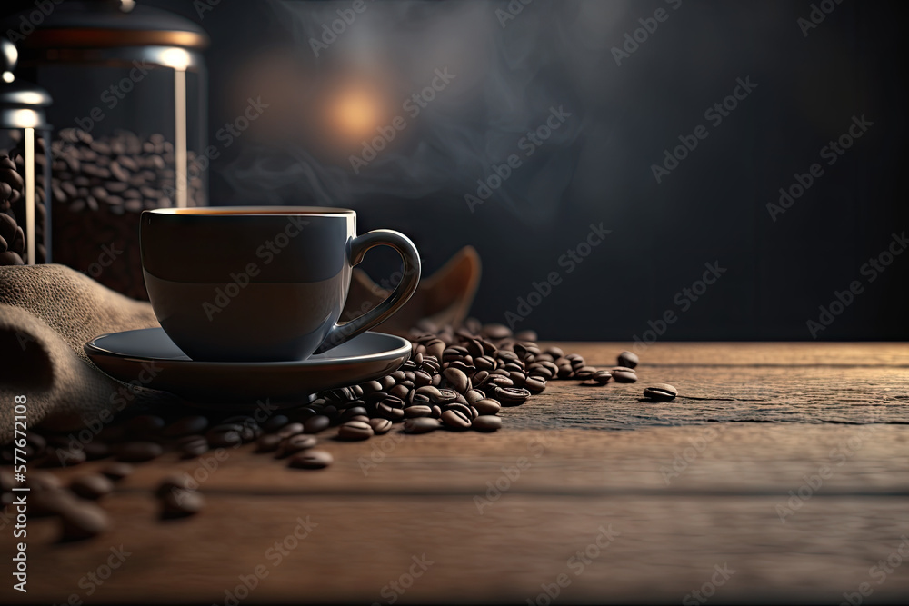 Coffee Background Coffee Cup Coffee Beans on Table with empty copy ...