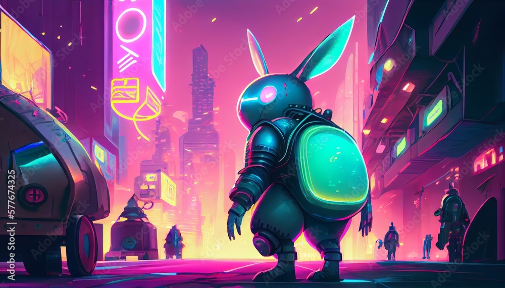 Cyberpunk bunny character in futuristic neon light city background ...