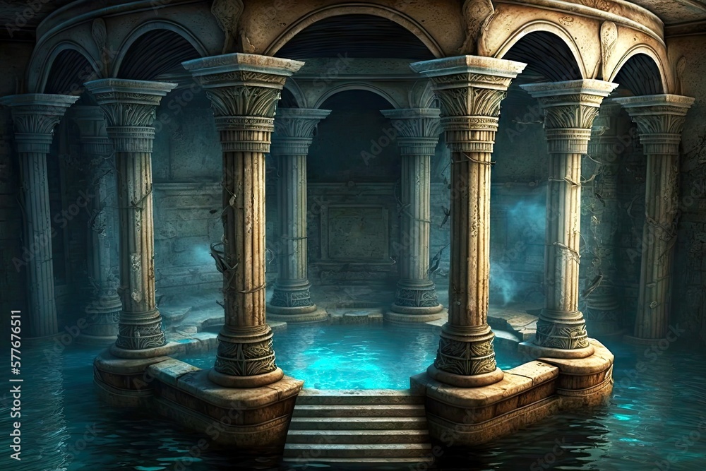 old construction of ancient cistern with support columns in middle and ...