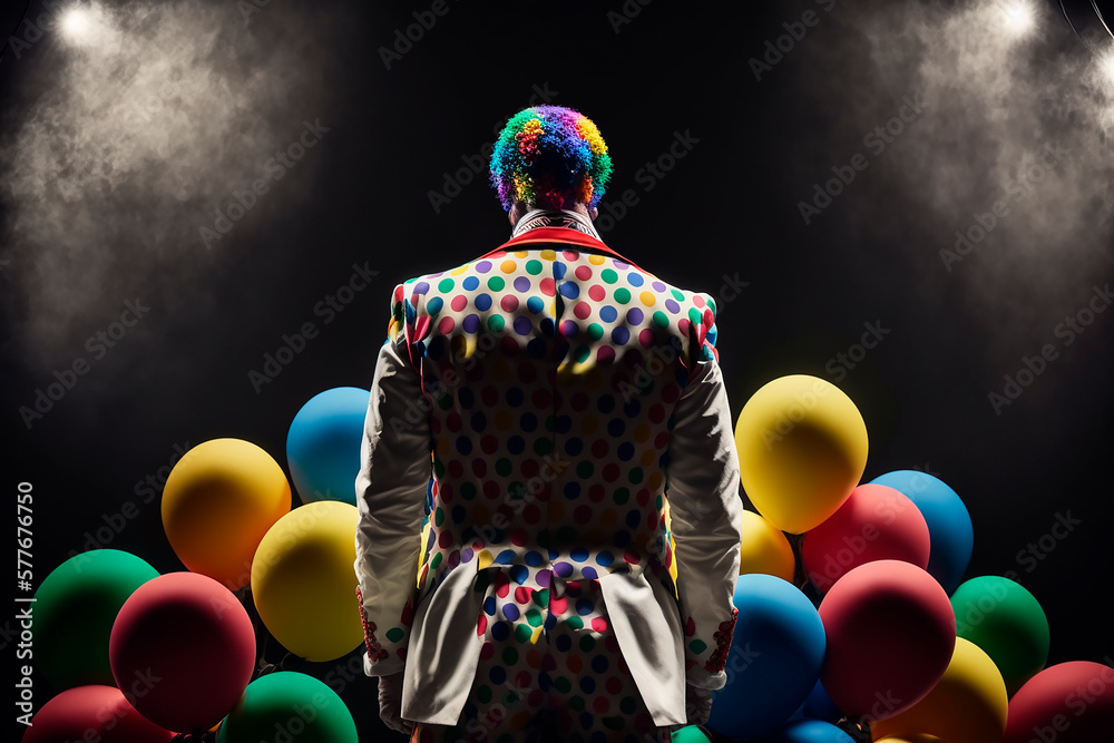 Grim clown in the circus arena standing with his back to him, against a ...