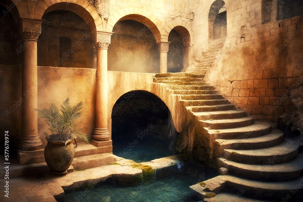 ancient cistern with stone stairs and walkways for water storage in ...
