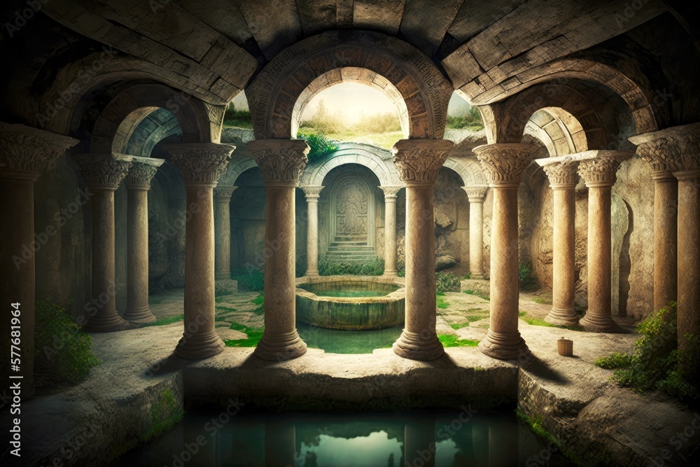 ancient cistern with columns in arches and stone walls, created with ...