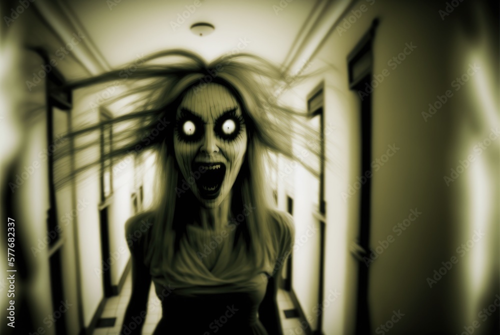 Ghoulish living dead female zombie, hotel hallway, no escape from ...