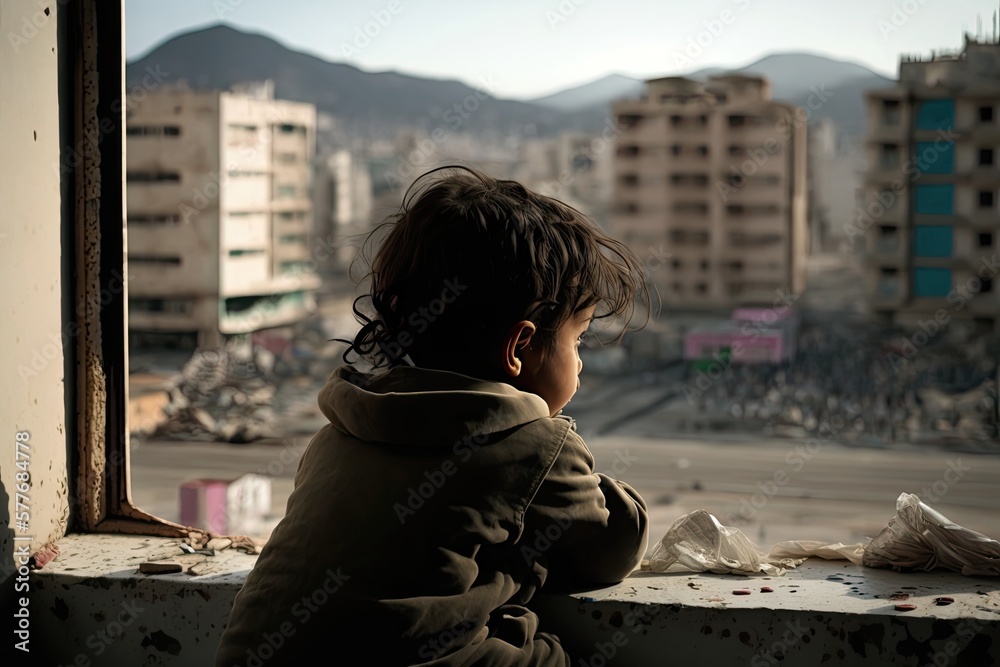 A sad child standing in front of collapse buildings. Ai generative ...