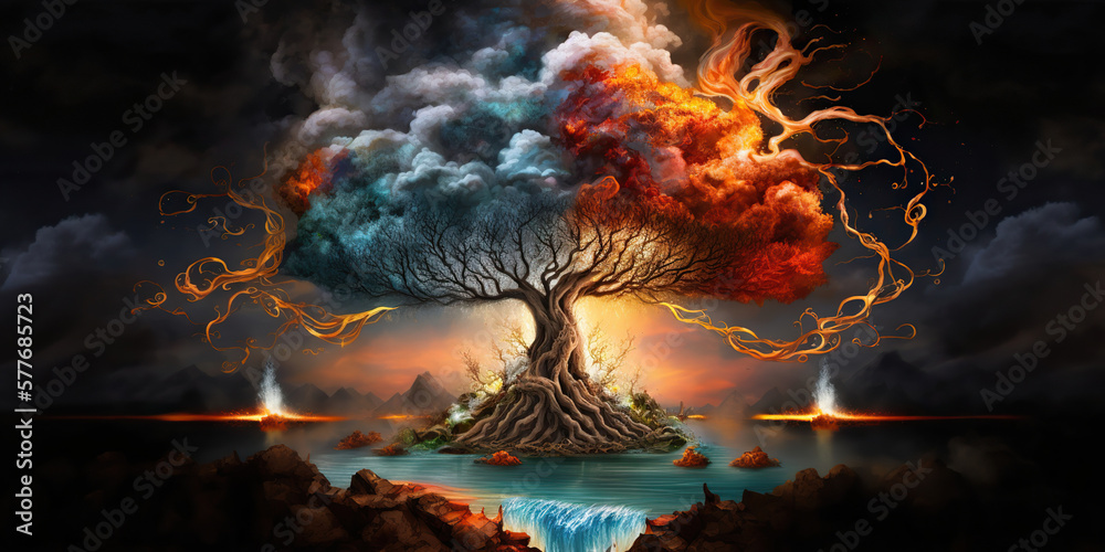 Magical fantasy tree of the elements, fire, water, earth, air ...