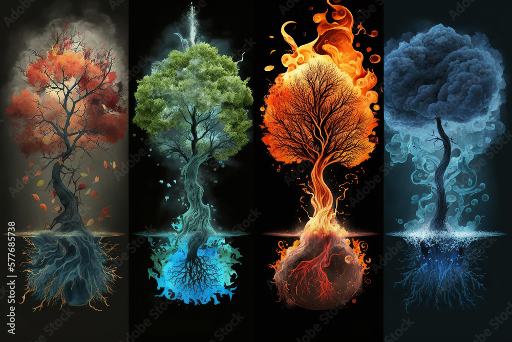 four trees that represent the elements, fire water, earth, air ...