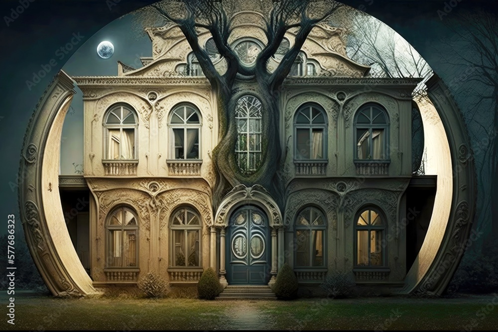 two-storey house with portal and arched windows, created with ...