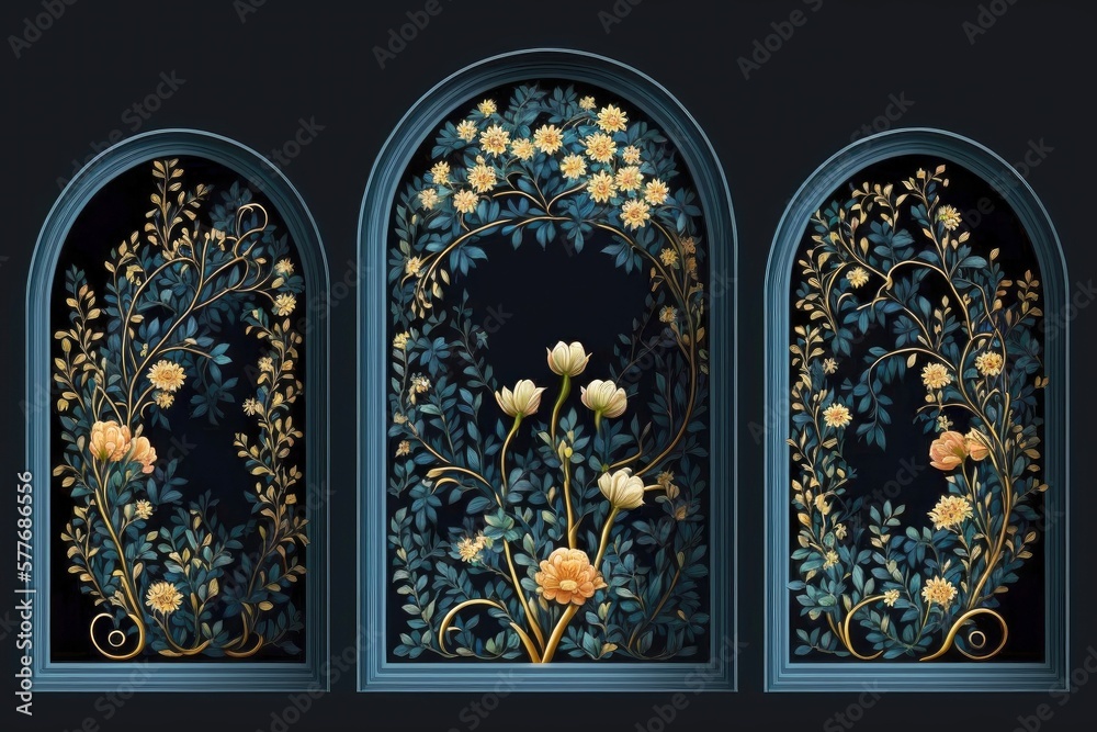 arch arched windows with floral ornament on dark blue background ...