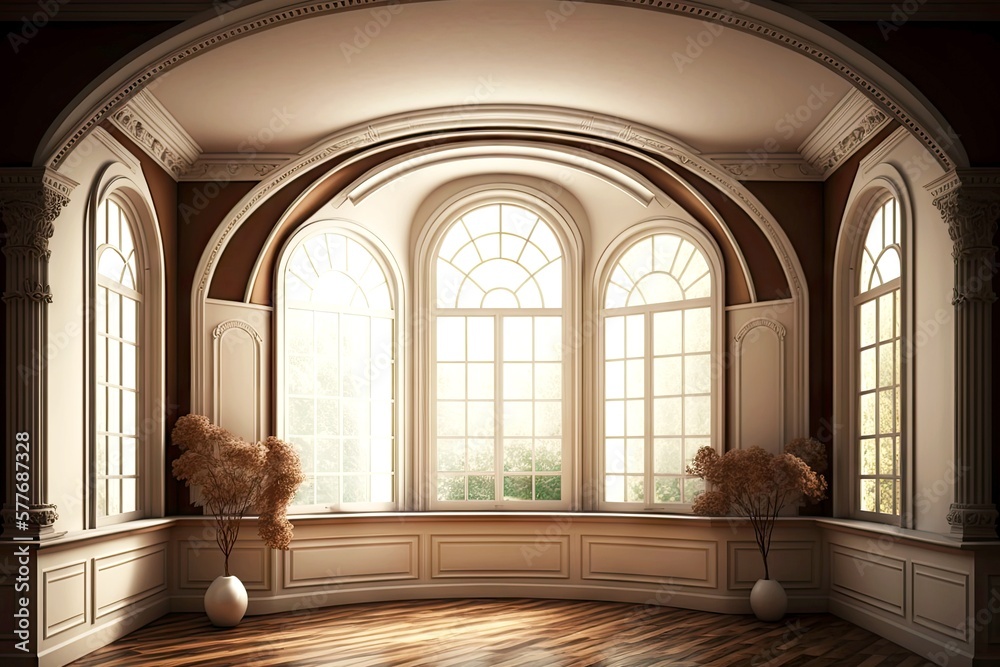 interior of room with large arched windows with decorative trim ...