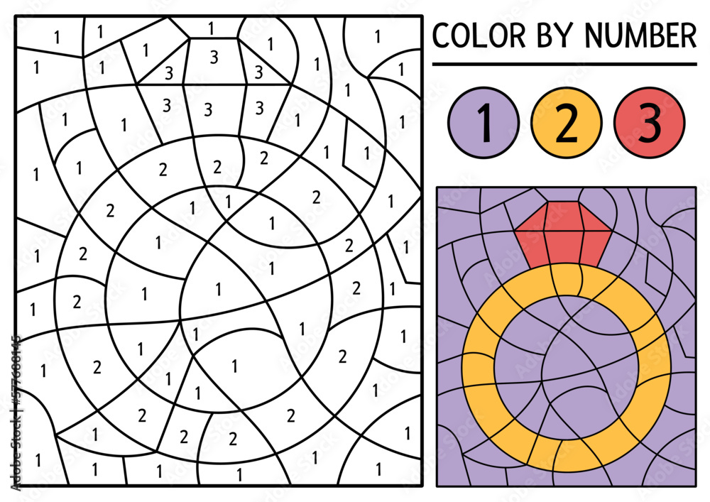 Vector wedding color by number activity with wedding ring. Marriage ...