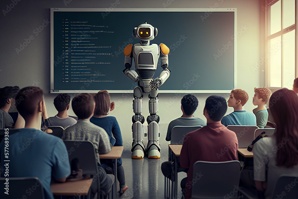 Futuristic robot teaching is a school classroom, Advanced artificial ...