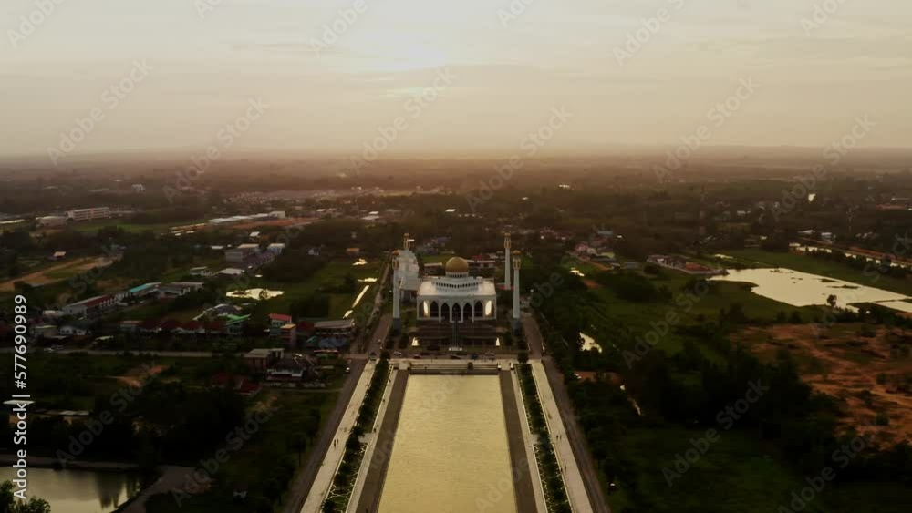 Hat Yai central mosque(masjid) with a beautiful golden sunset light ...