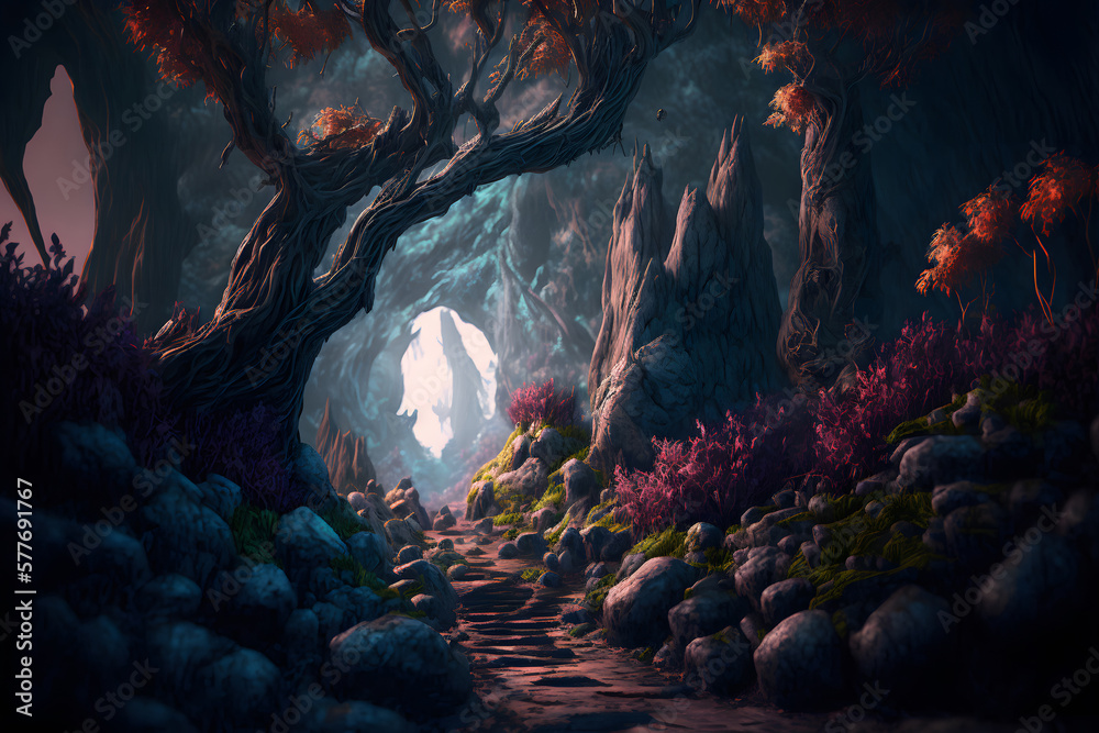 Beautiful magical forest fabulous trees. Mystic Forest landscape, sun ...