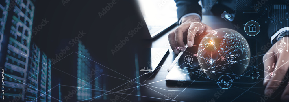 Digital banking, financial technology FinTech concept. Businessman ...