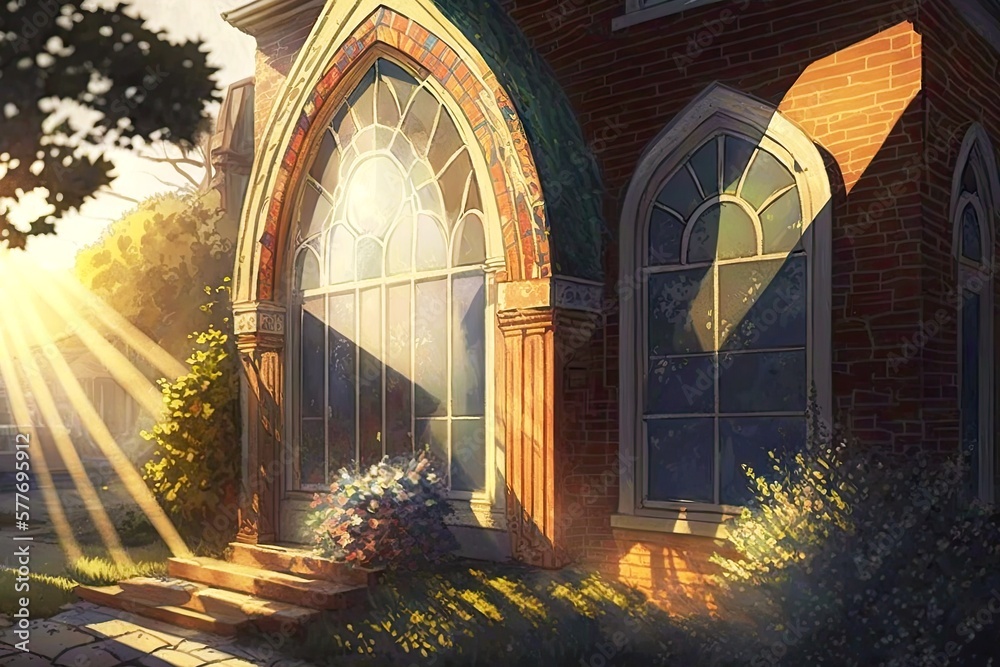 morning sun passes through arched windows of house in suburbs, created ...