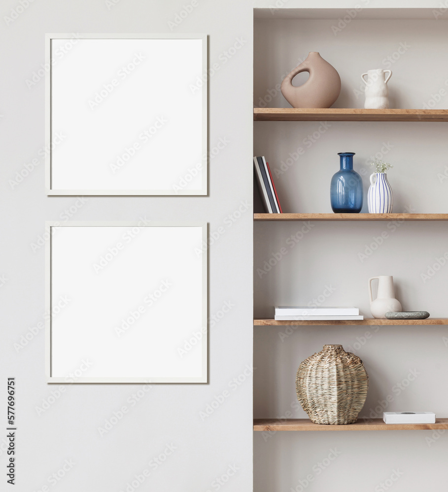 Blank picture frame mockup on white wall. Modern living room design ...