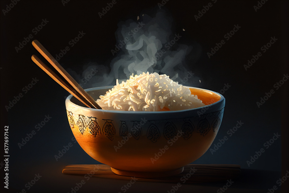 White steam rice with smoke on the wooden table,dark,isolate background ...