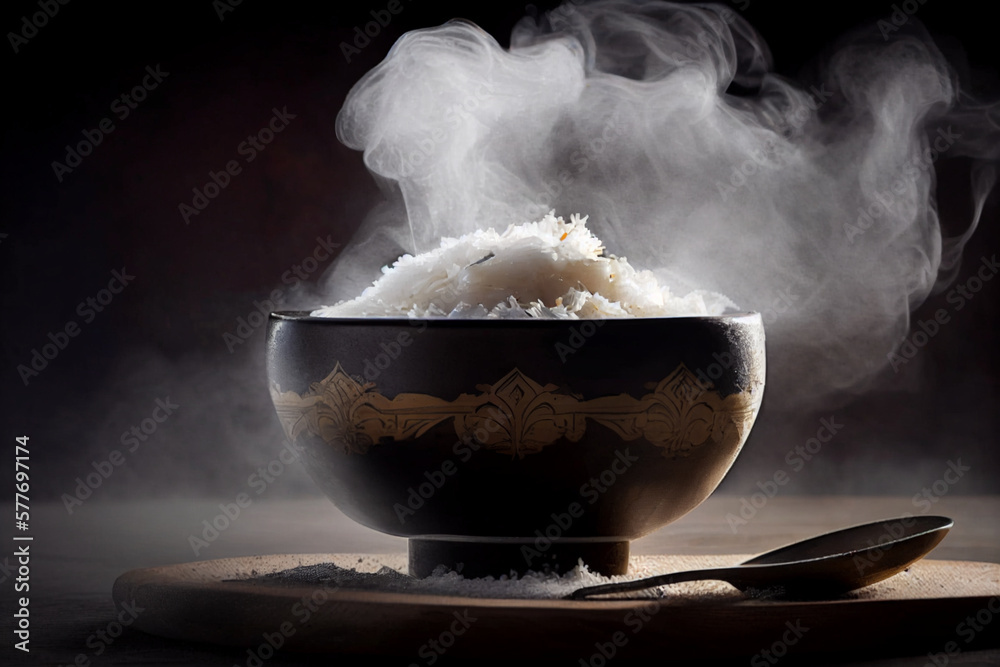 White steam rice with smoke on the wooden table,dark,isolate background ...