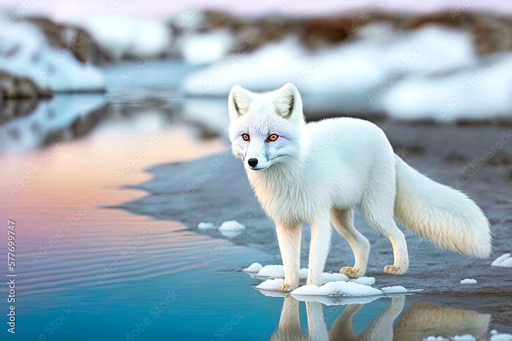snow-white arctic fox with red eyes standing on frozen lake, created ...