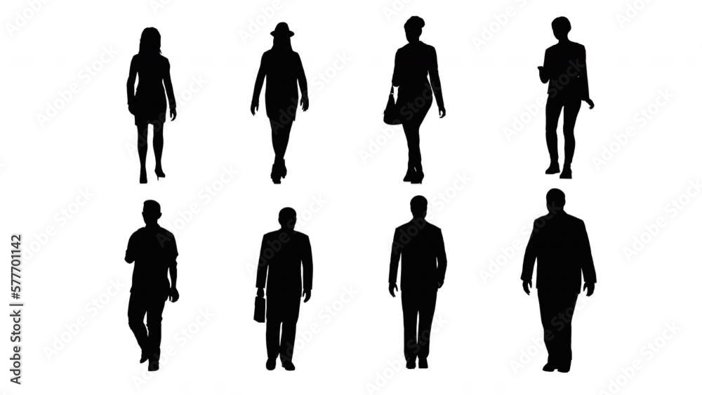 Alpha channel black body shape graphics,front view people walking on ...